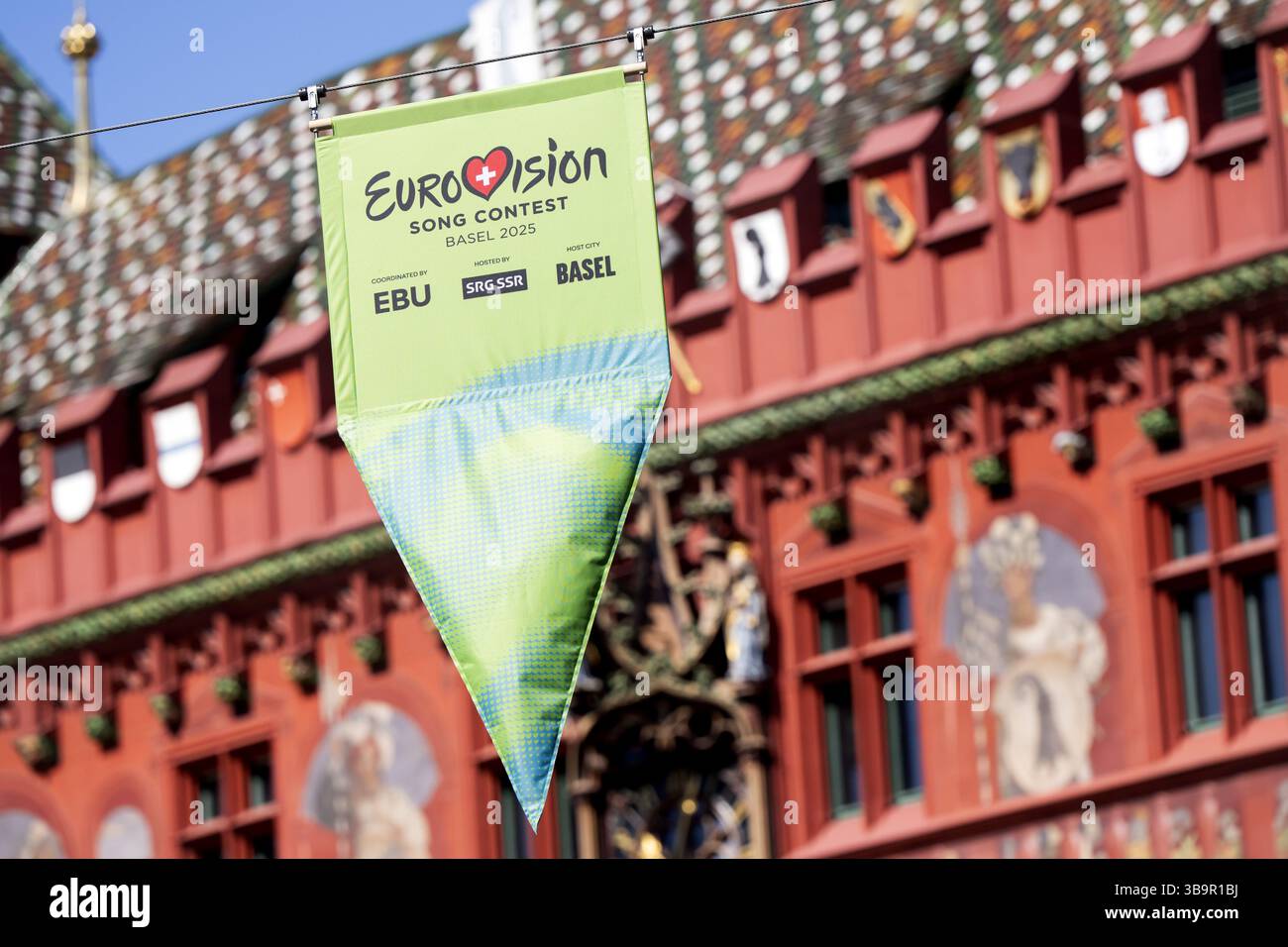 BASEL - Flags in the downtown area (Rathaus des Kantons Basel-Stadt) of ...