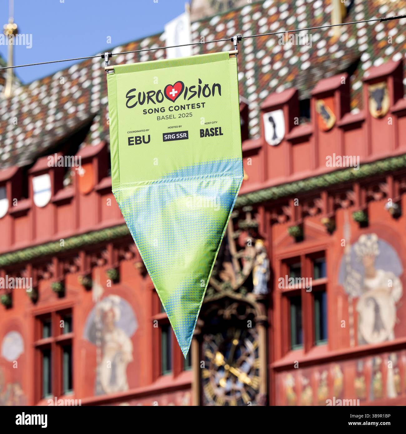 BASEL - Flags in the downtown area (Rathaus des Kantons Basel-Stadt) of ...