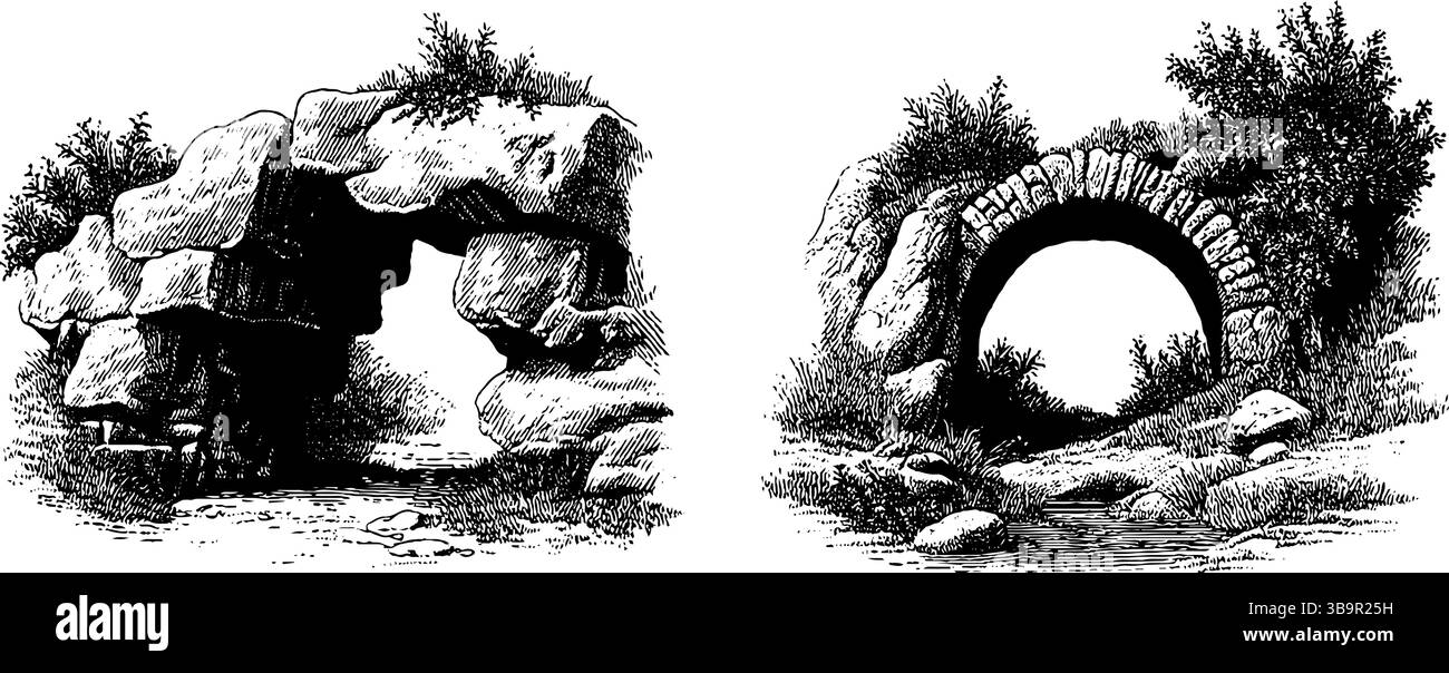 Engraved illustration set of stone bridge arches and natural landscape ...