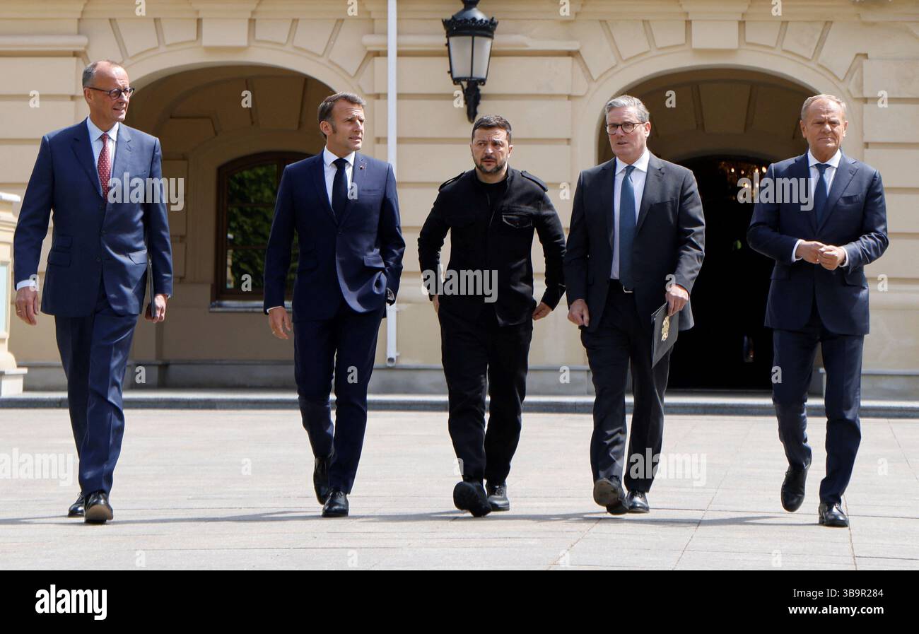 From left: German Chancellor Friedrich Merz, French President Emmanuel Macron, Ukranian ...