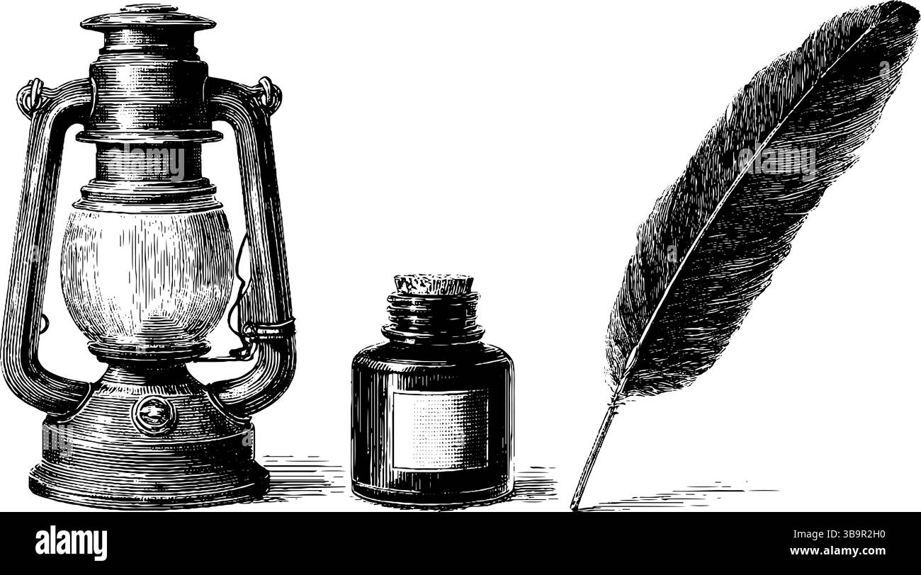 Vintage engraved illustration of oil lamp, ink pot, and quill for ...