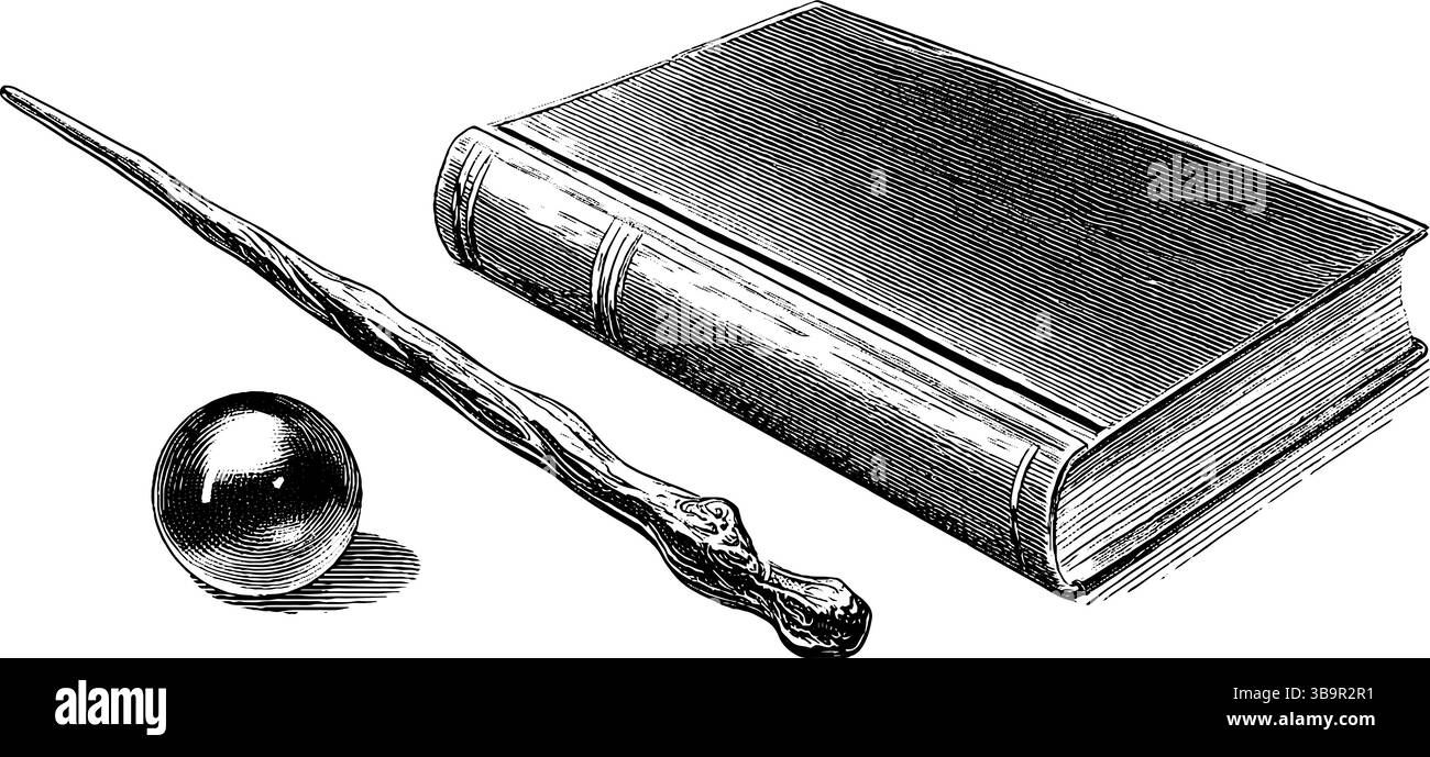 Engraved illustration of wizard set with staff, spellbook, and orb for ...