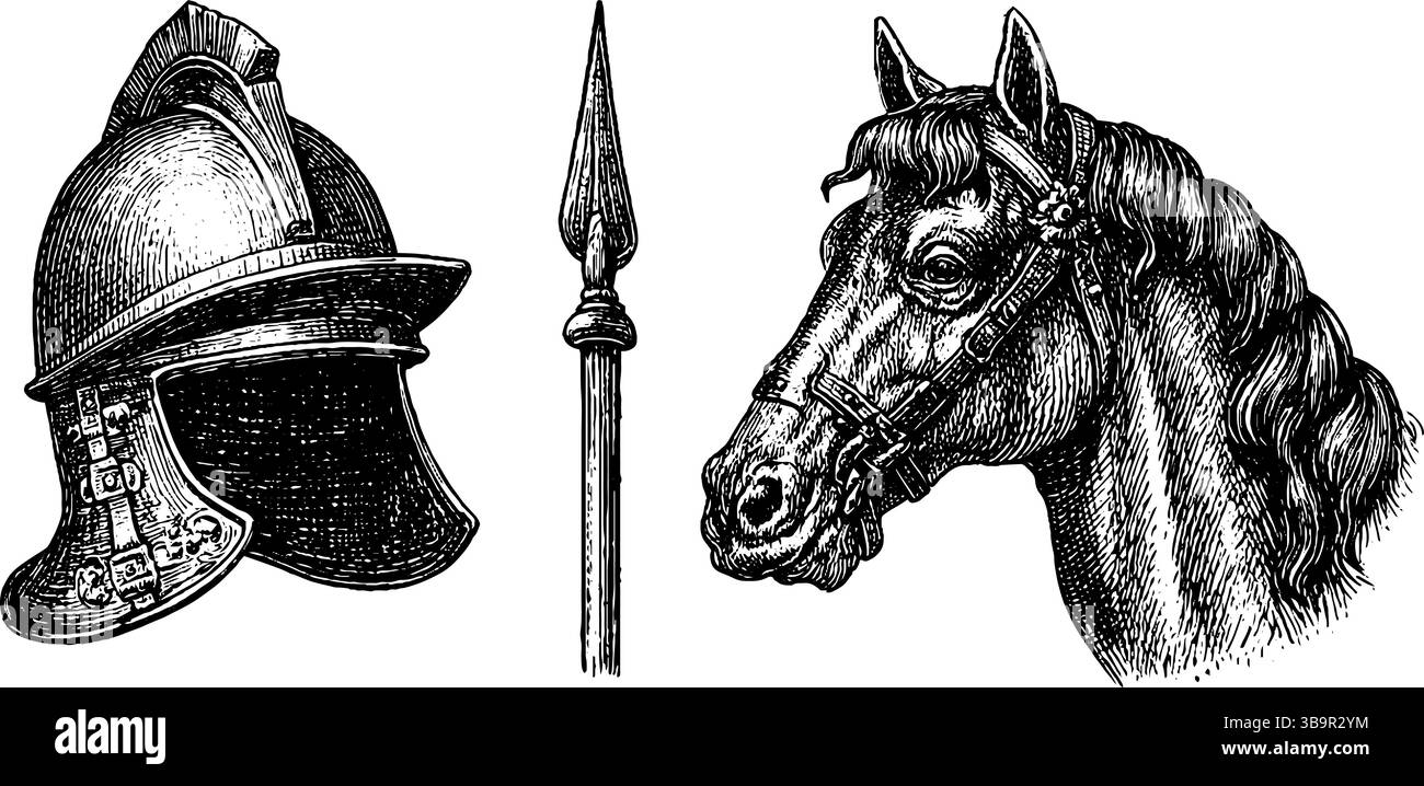 Medieval warfare elements: engraved iron helmet, spear, and horse ...