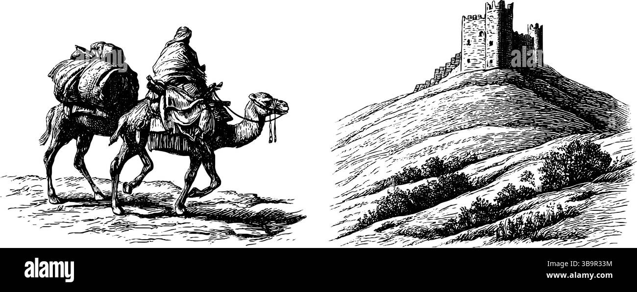 Historical silk road caravan and ancient fortress engraved illustration ...