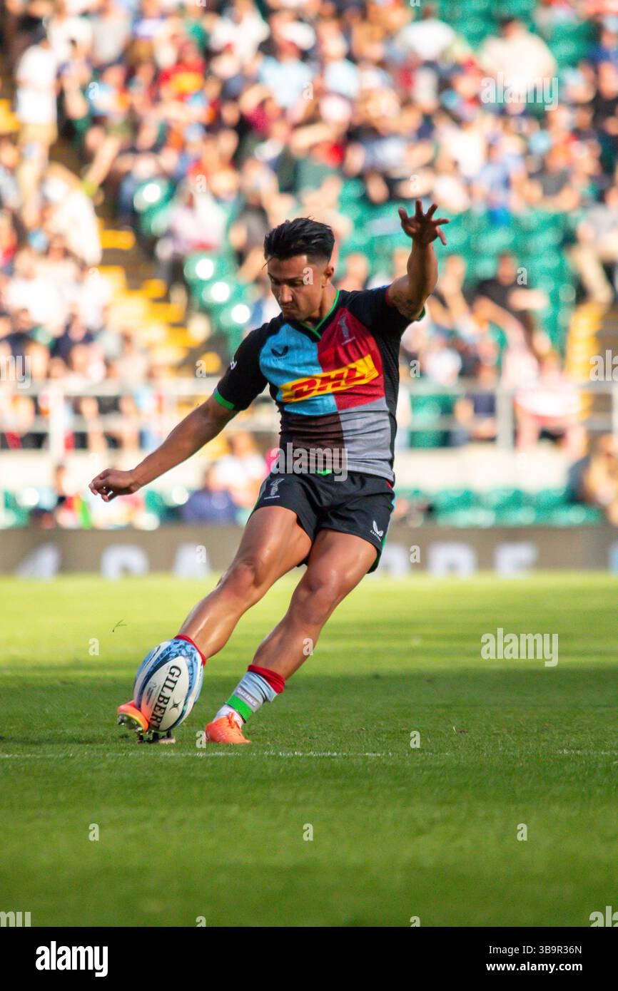 London, UK, 10th May 2025 Marcus Smith kicks a conversion for ...
