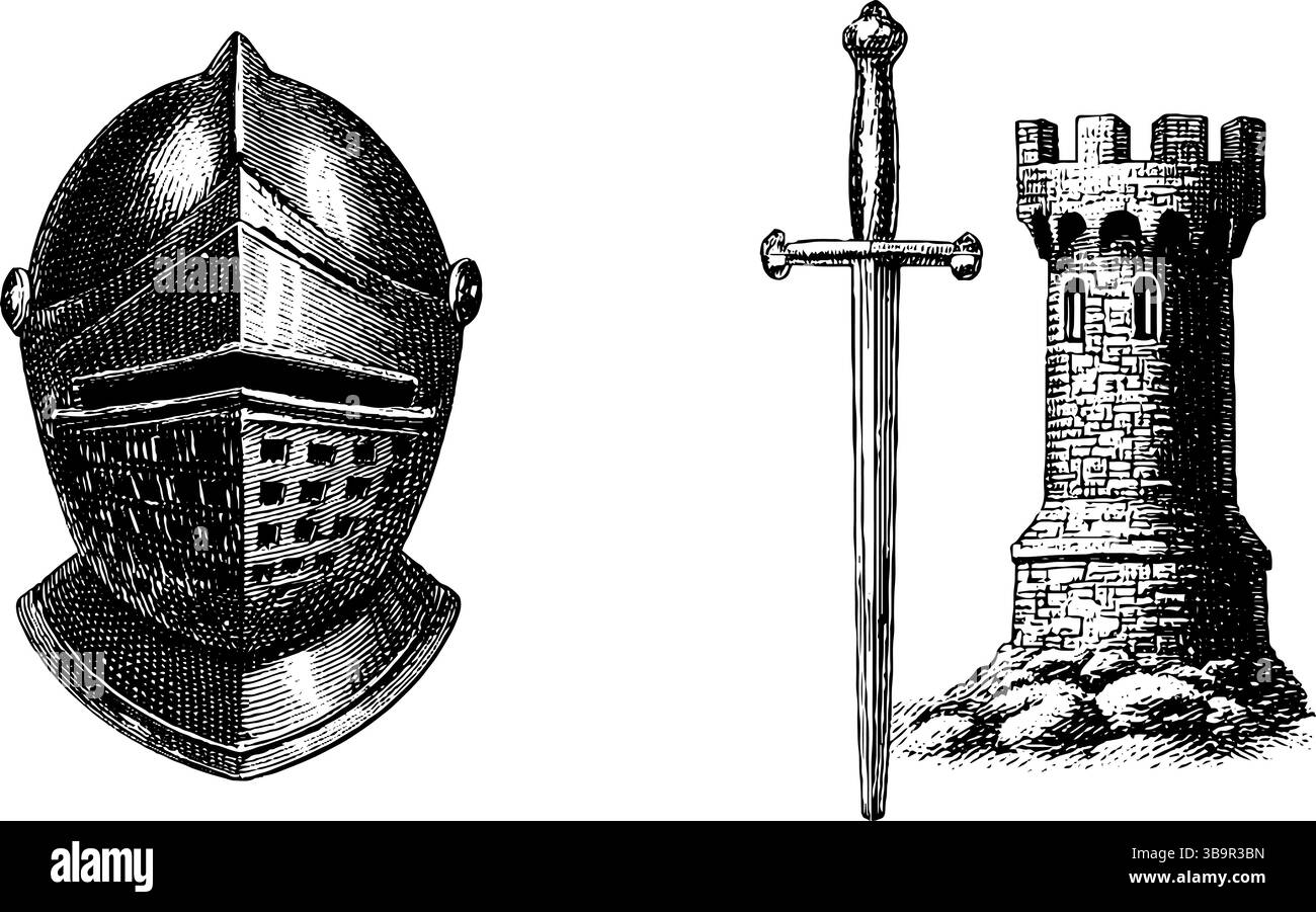 Medieval knight helmet, sword, and castle tower engraving set for ...