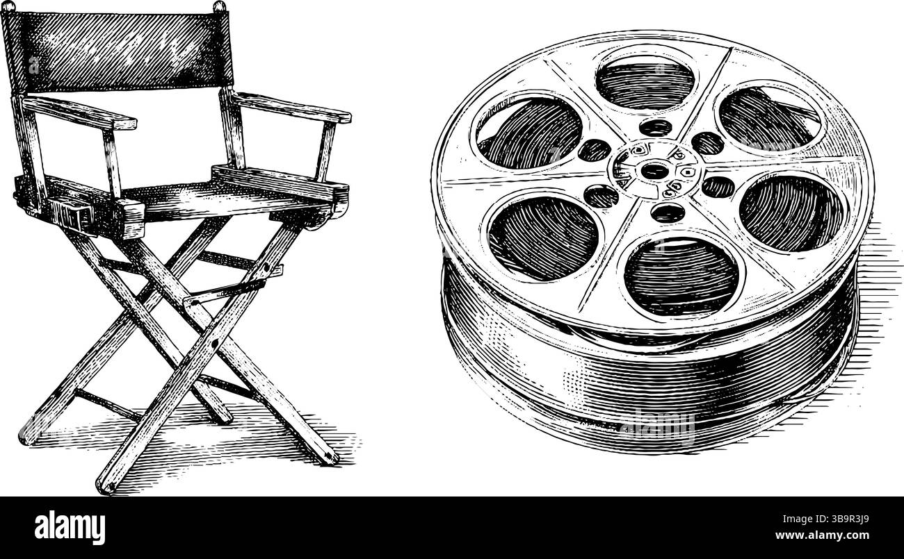 Vintage film and cinema elements: director's chair and film reel ...