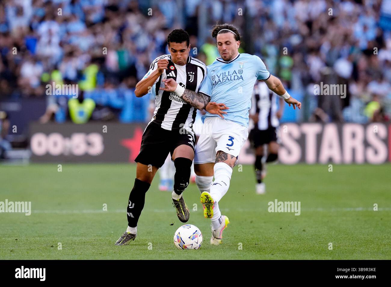 Rome, Italy. 10th May, 2025. Alberto Costa of Juventus FC and Luca Pellegrini of SS Lazio ...
