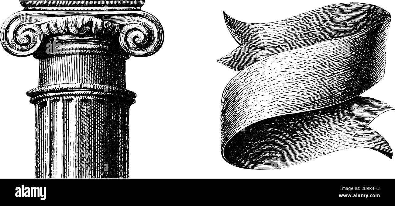 Engraved doric column and scroll banner illustration for classical ...