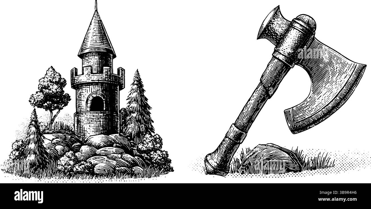 Engraved castle tower and axe with trees for historical fantasy art ...
