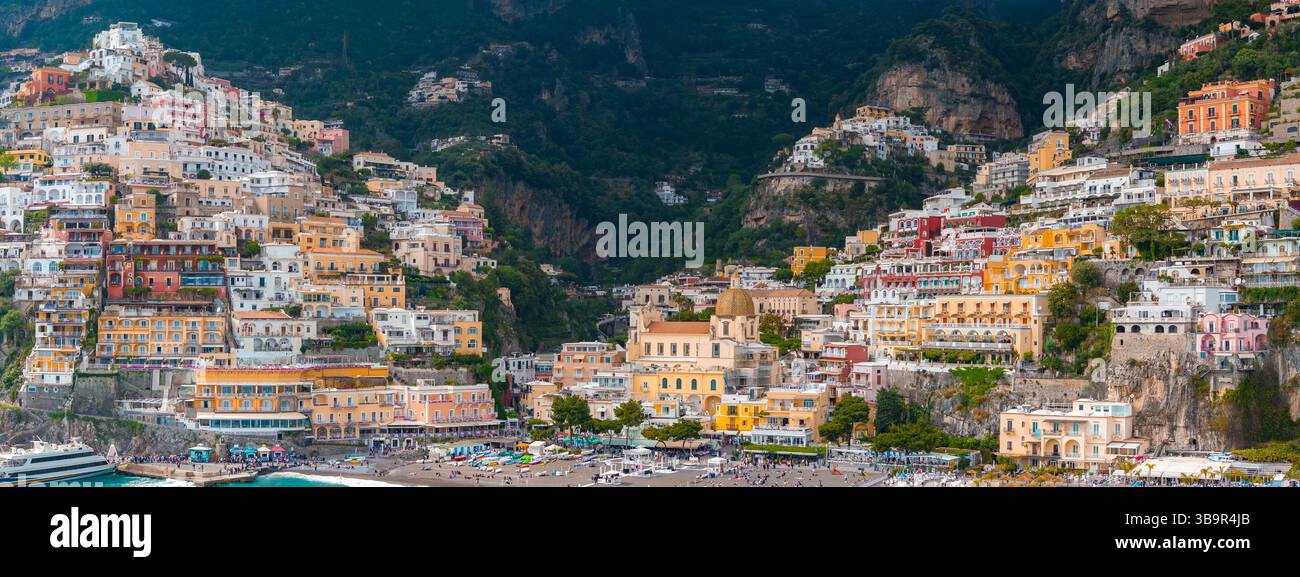 Colorful Town of Positano with Church Dome and Beach in Italy Stock ...