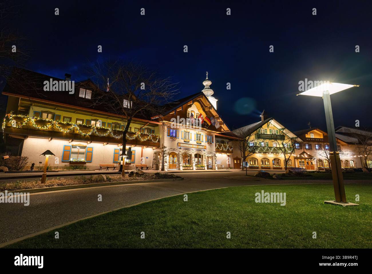 Frankenmuth, MI, USA - 04-22-2025: Photo of the Bavarian Inn Lodge in Frankenmuth Michigan lit ...