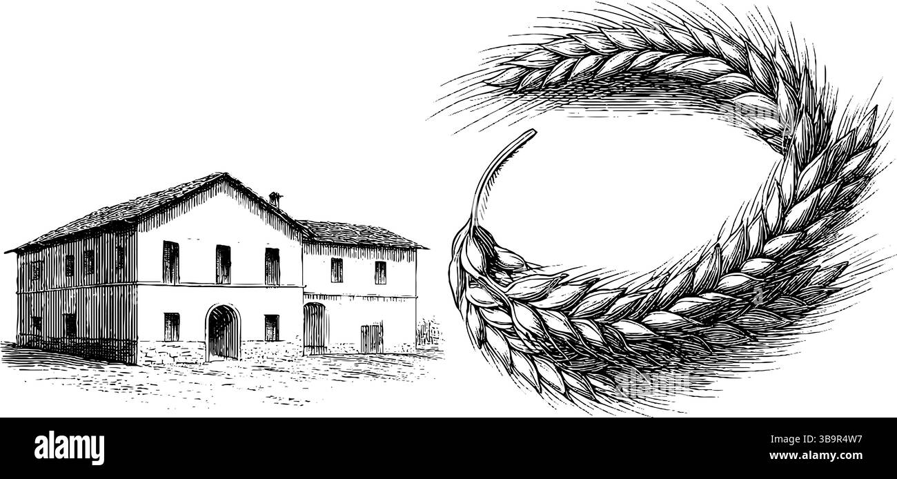 Engraved illustration of rustic farmhouse and wheat agriculture with ...