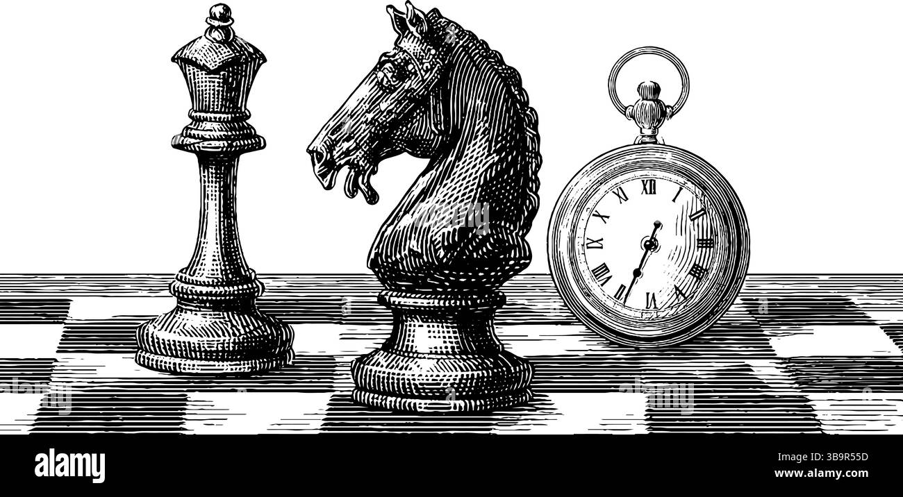 Vintage engraved chess set with knight, queen, and pocket watch on ...