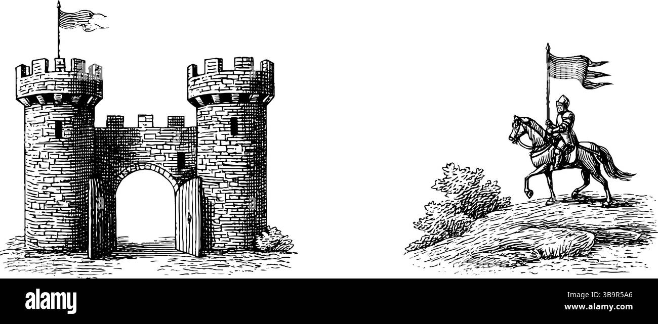Medieval castle gate and knight illustration for historical design ...