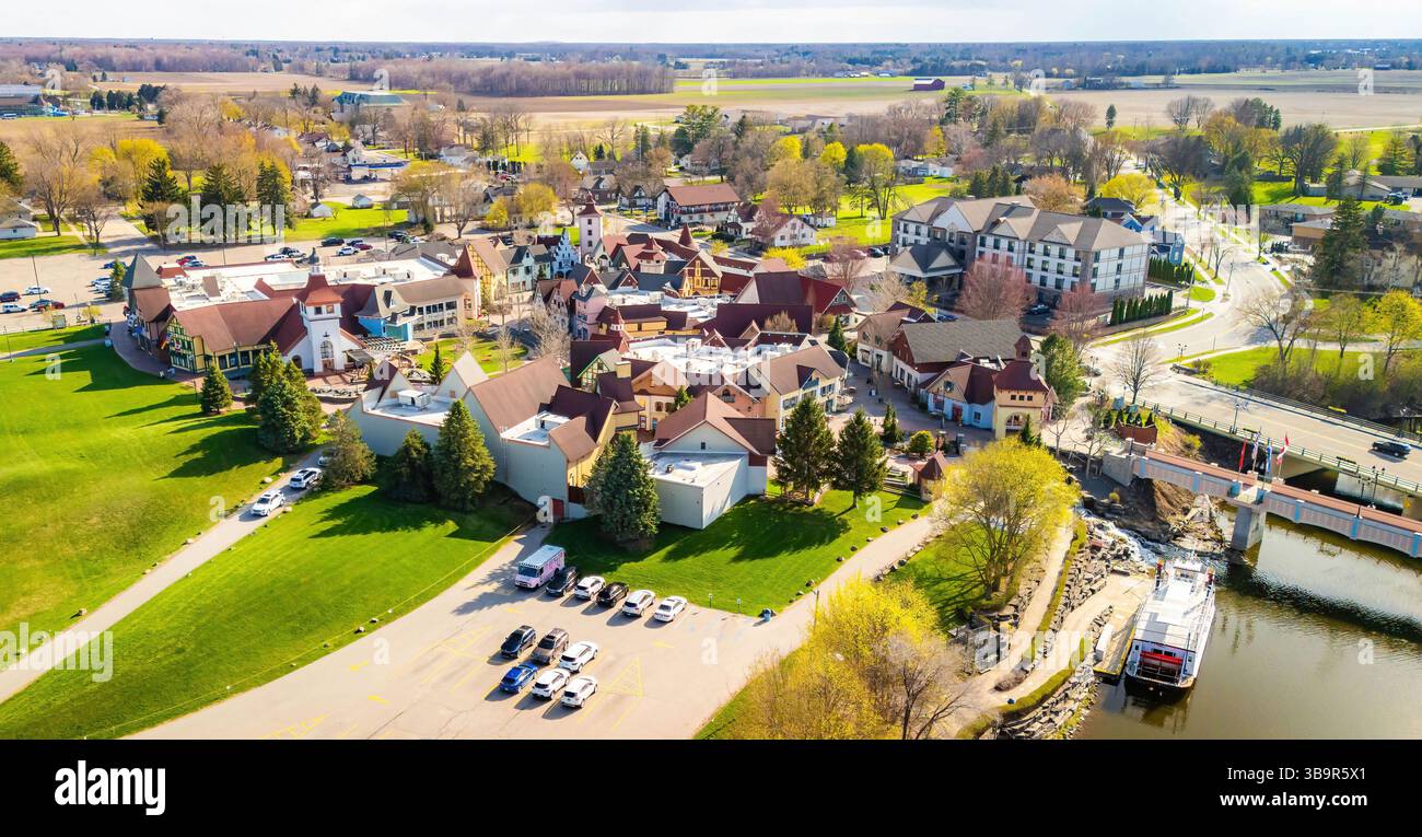 Aerial photo of Frankenmuth Michigan showing the river, buildings, and ...