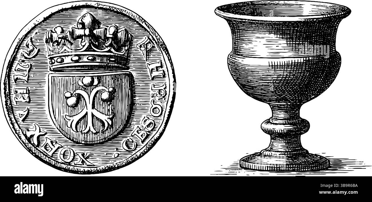 Medieval coin and goblet engraving set for historical design and art ...