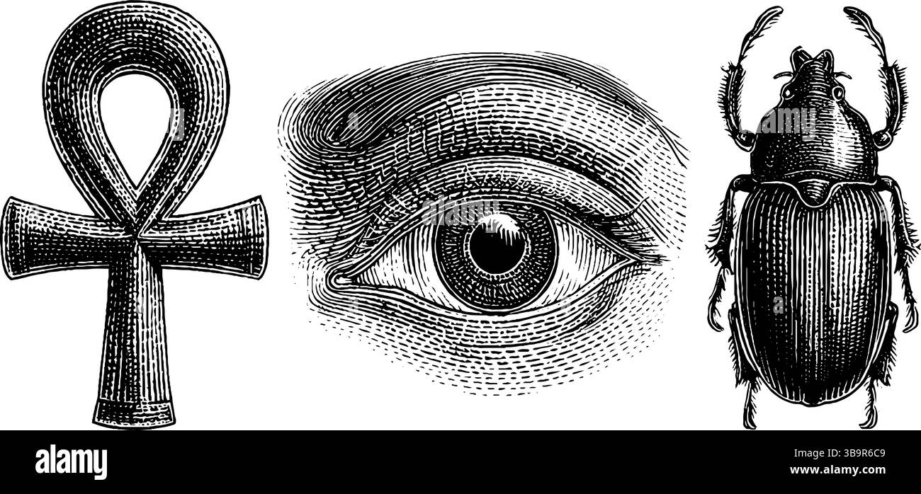 Ancient egyptian symbols engraving: ankh, eye of horus, and scarab for ...