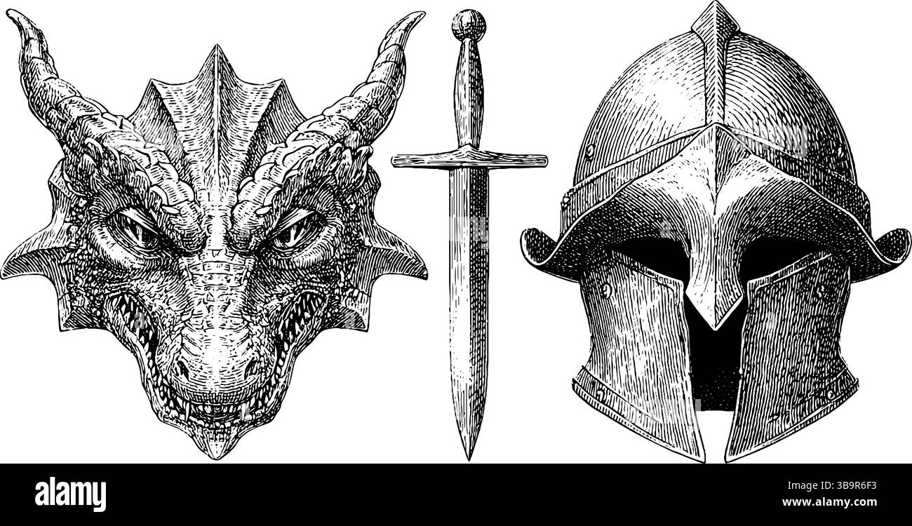 Medieval dragon crest and knight helmet engraving collection for ...
