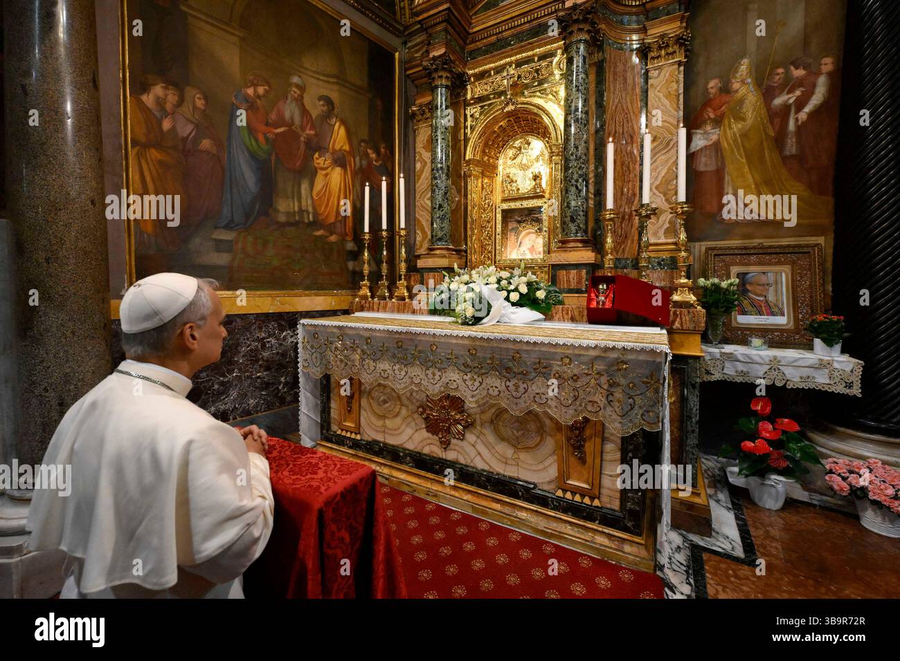 Pope Leo XIV prays in the Sanctuary of the Madre del Buon Consiglio (Mother of Good Counsel) in ...