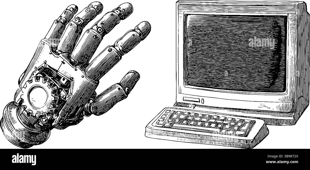 Detailed engraving of mechanical arm and vintage computer for ...