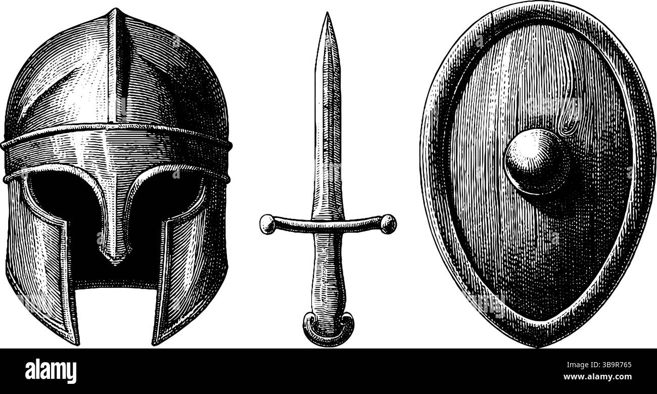 Engraved valkyrie helmet with sword and shield set - historical armor ...