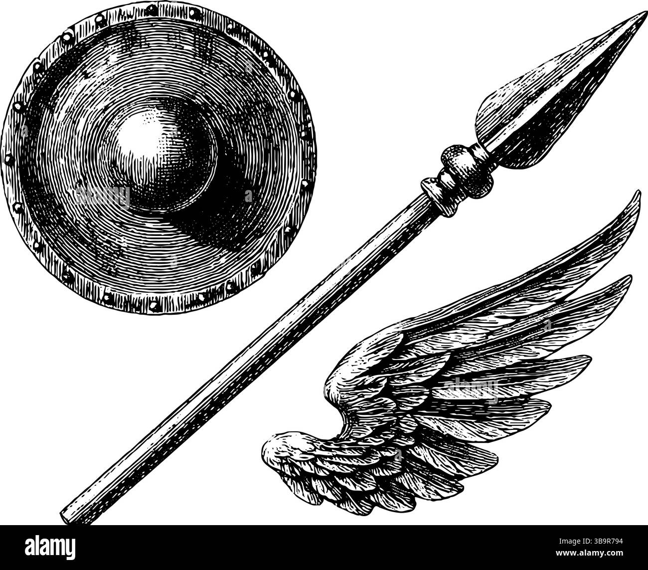 Engraved illustration of shield spear and wing set Stock Vector Image ...