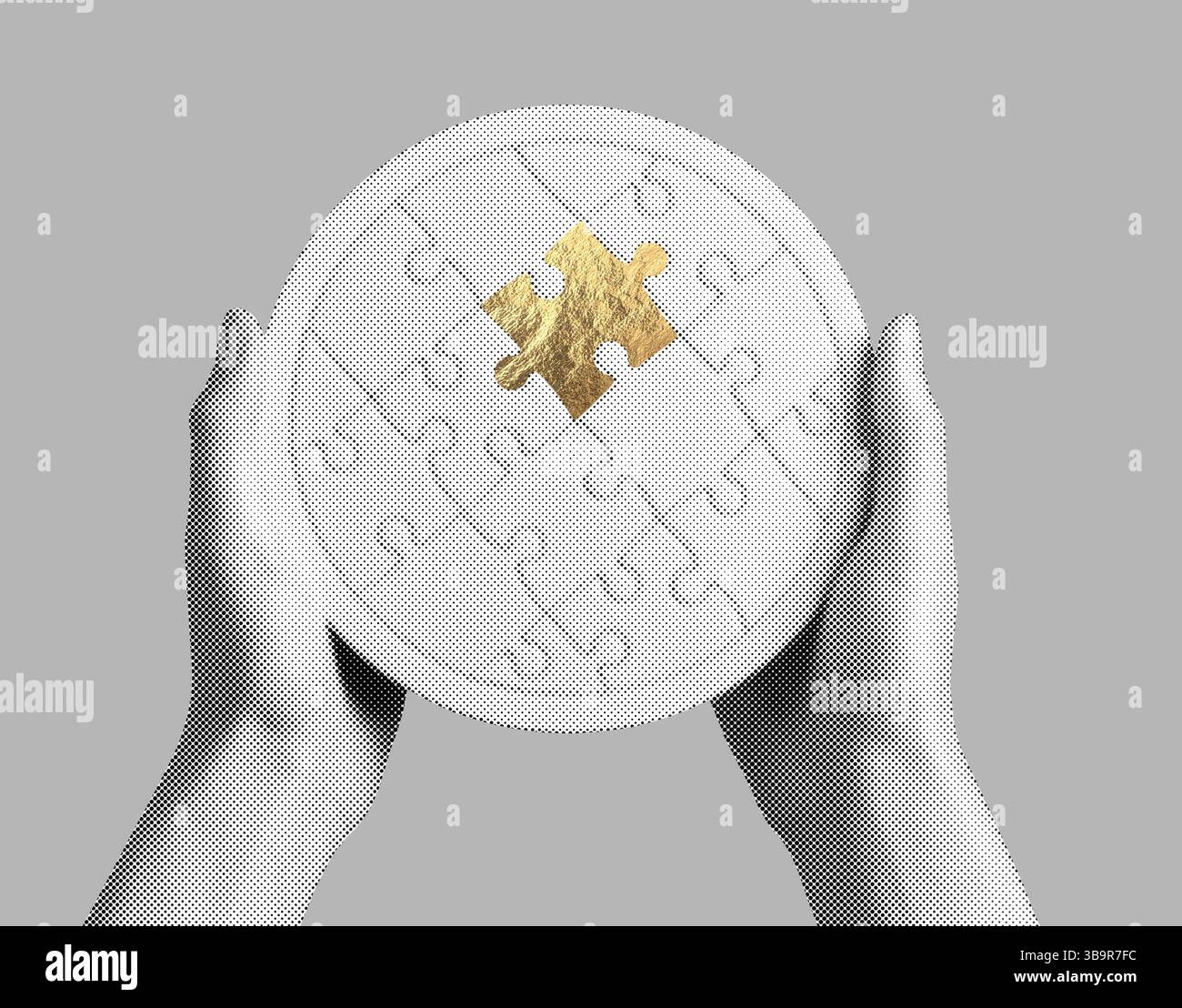 Golden puzzle piece in the shape of a circle, held in hands ...