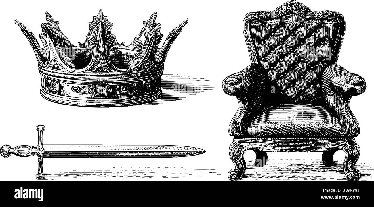 Vintage engraved set of iron crown, throne, and sword for historical ...
