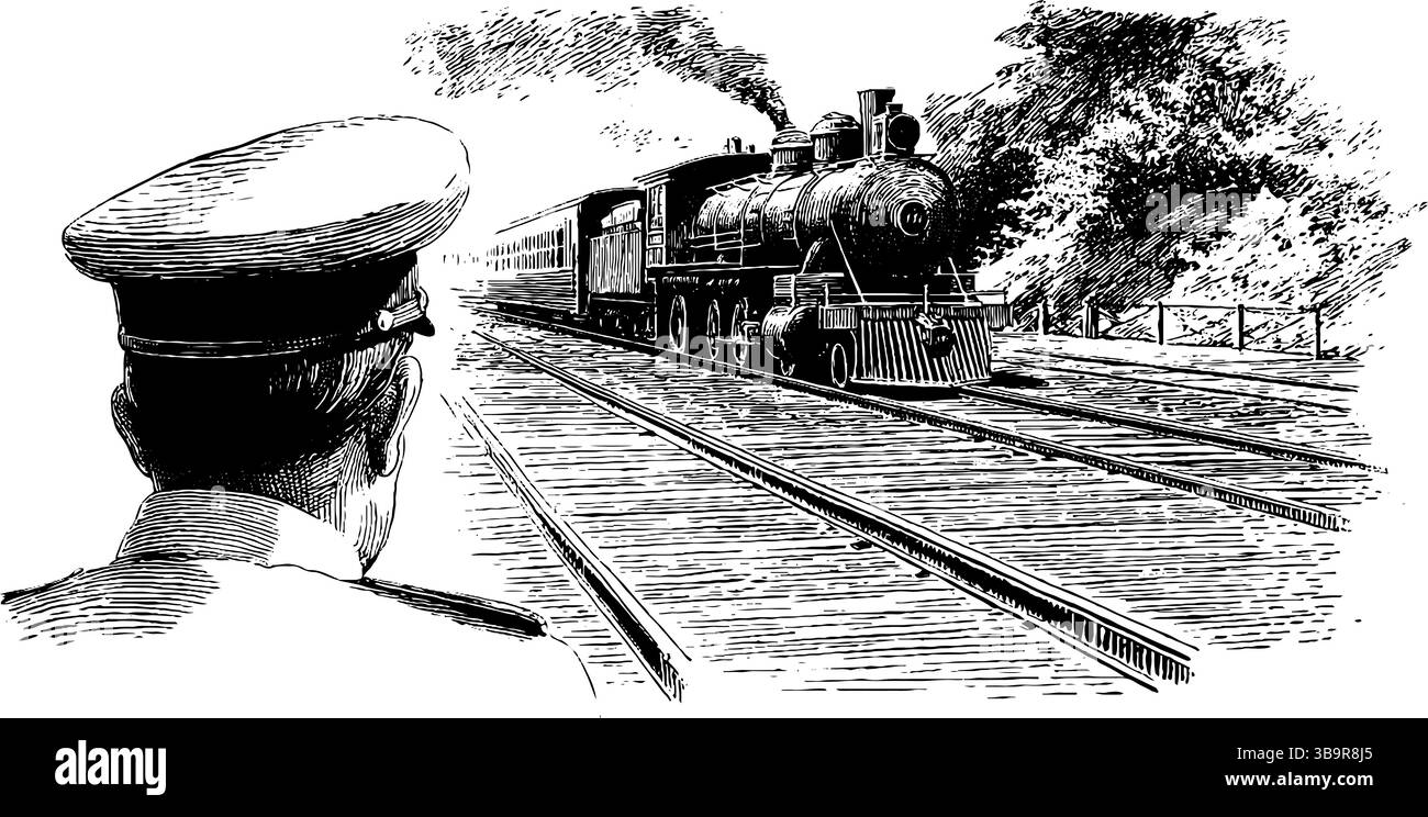 Vintage train locomotive scene with railway tracks and conductor in ...