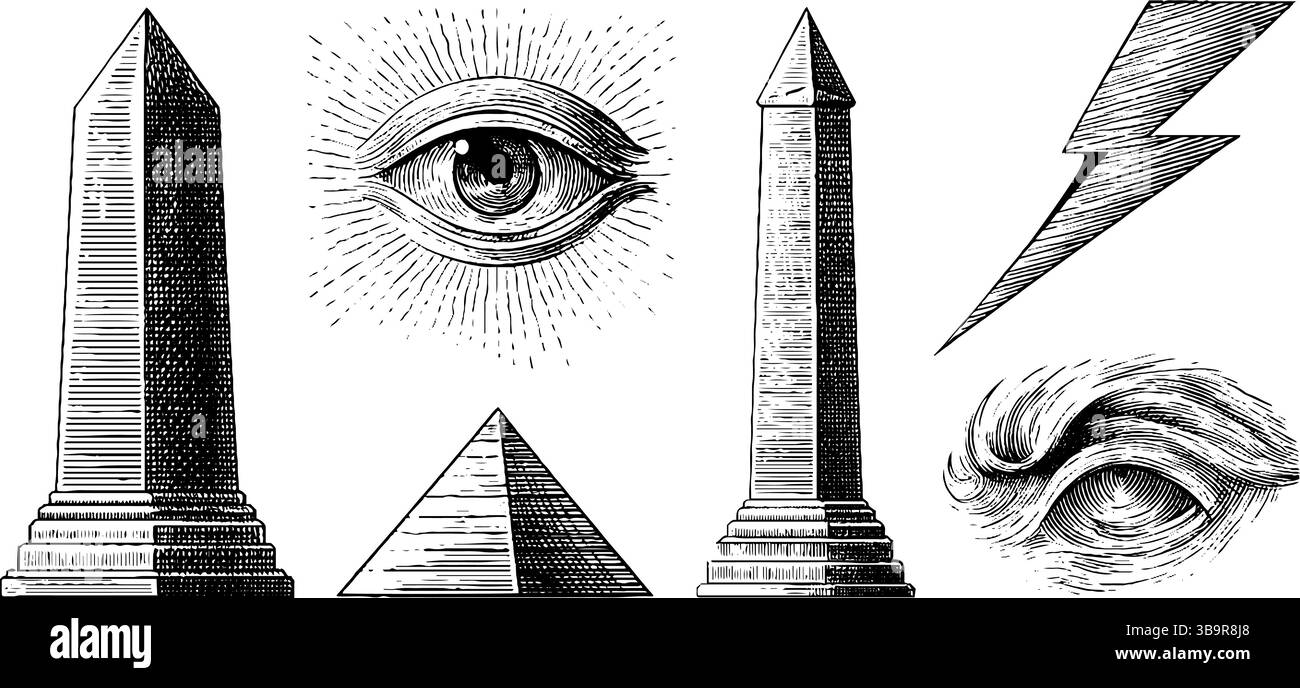 Engraved illustration set featuring obelisk, eye symbol, pyramid, and ...