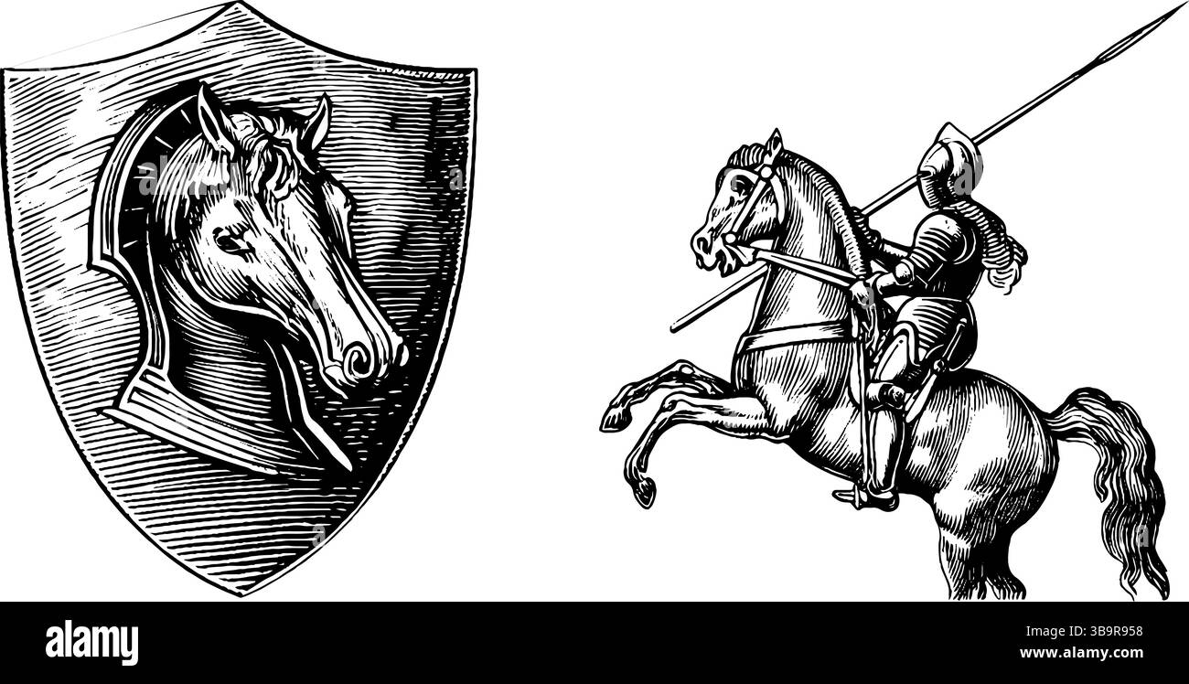 Medieval knight and horse with shield engraving for historical design ...