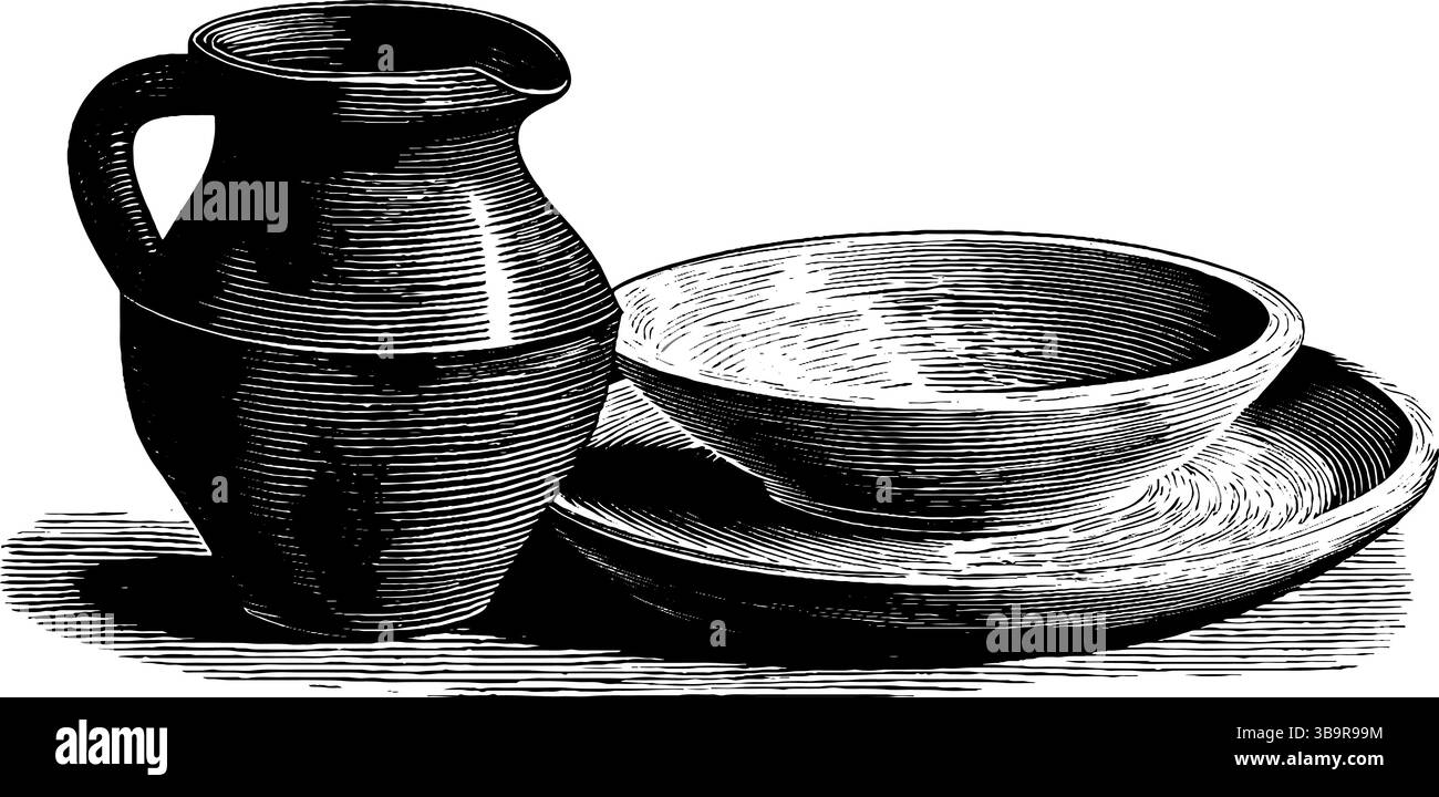 Engraved illustration of pottery jug and clay bowl set for artistic ...