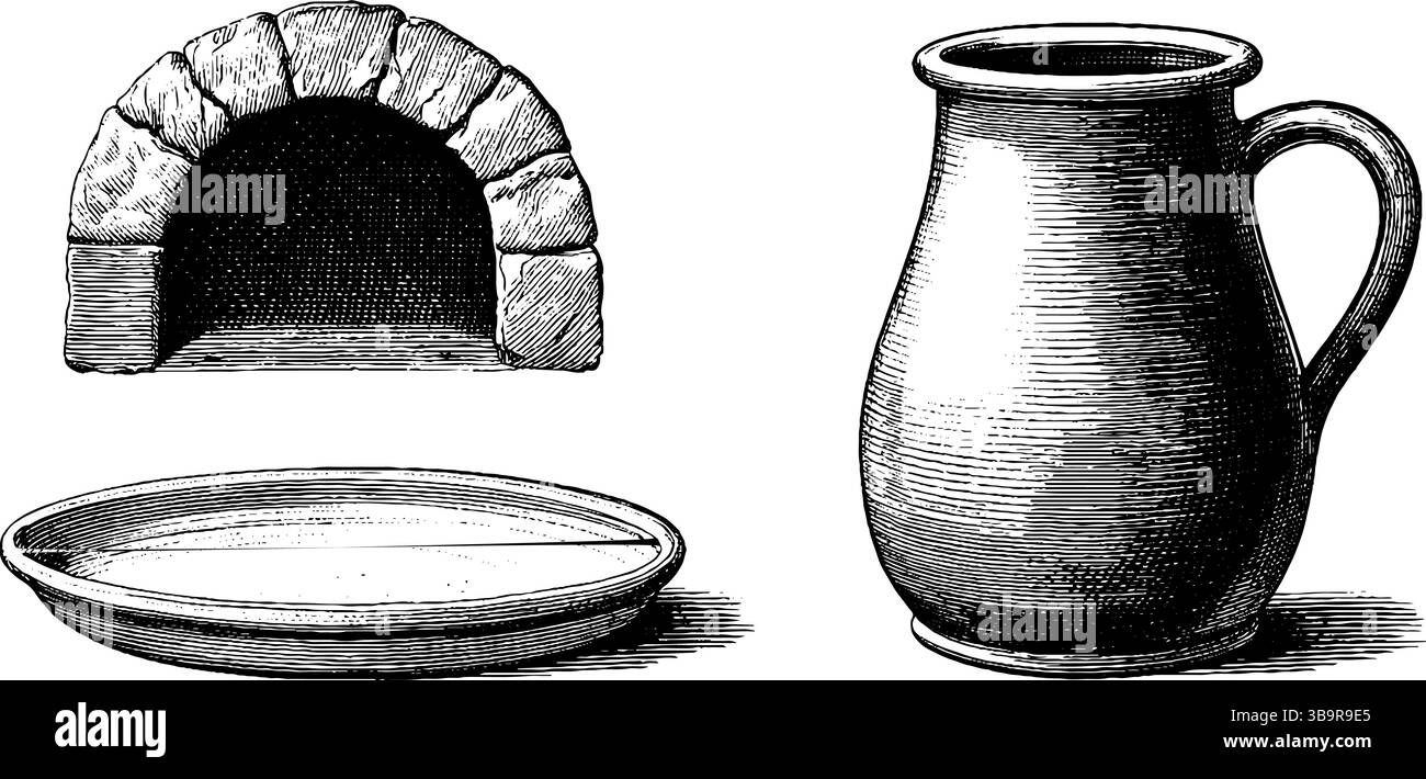 Engraved illustration of pottery jug clay plate and stone oven for art ...