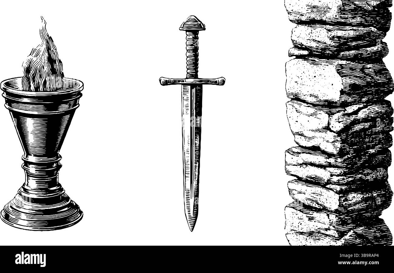 Medieval torch, sword, and stone column engraved art for historical ...