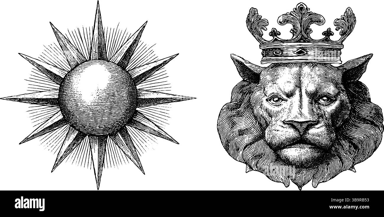Engraved alchemy symbols of sun and lion with crown for spiritual ...