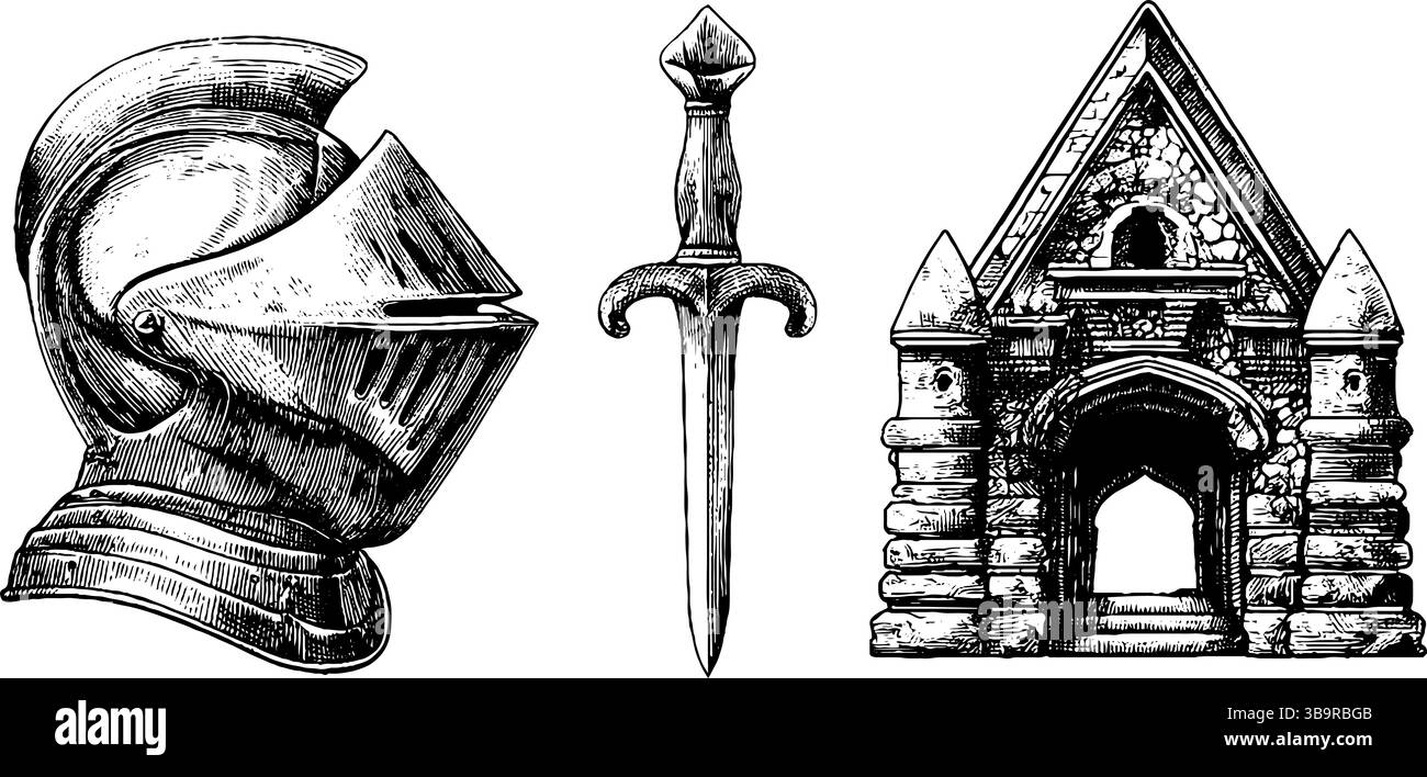 Engraved medieval armour and architecture set for historical design ...