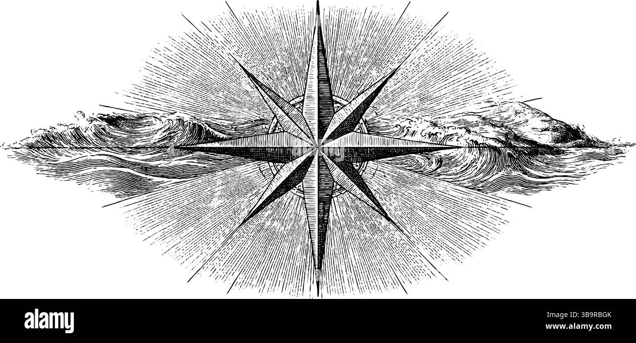 Vintage nautical compass rose with ocean waves engraving for map design ...