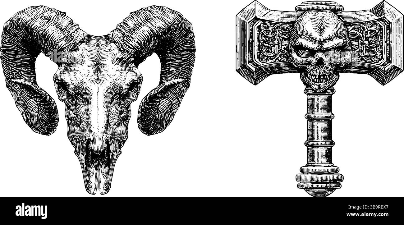 Nordic mythology inspiration with thors hammer and goat skull engraving ...