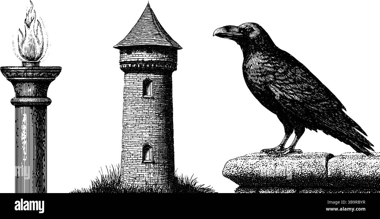 Engraved illustration of tower, torch, and raven in vintage style Stock ...