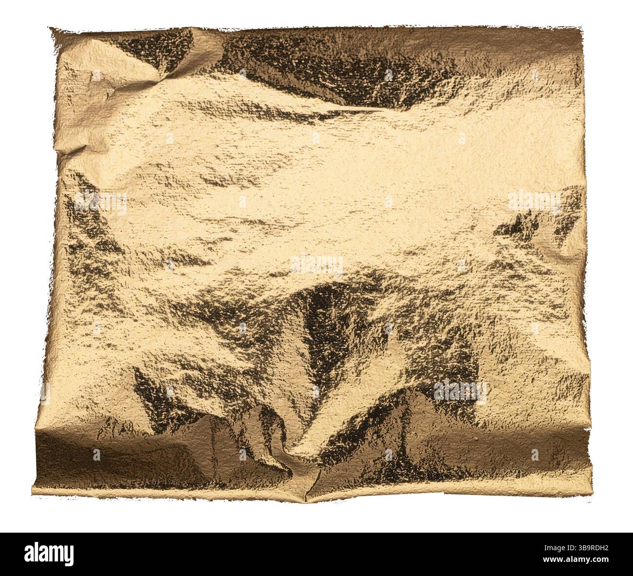 Crumpled square sheet of metallic gold foil with deep folds and ...
