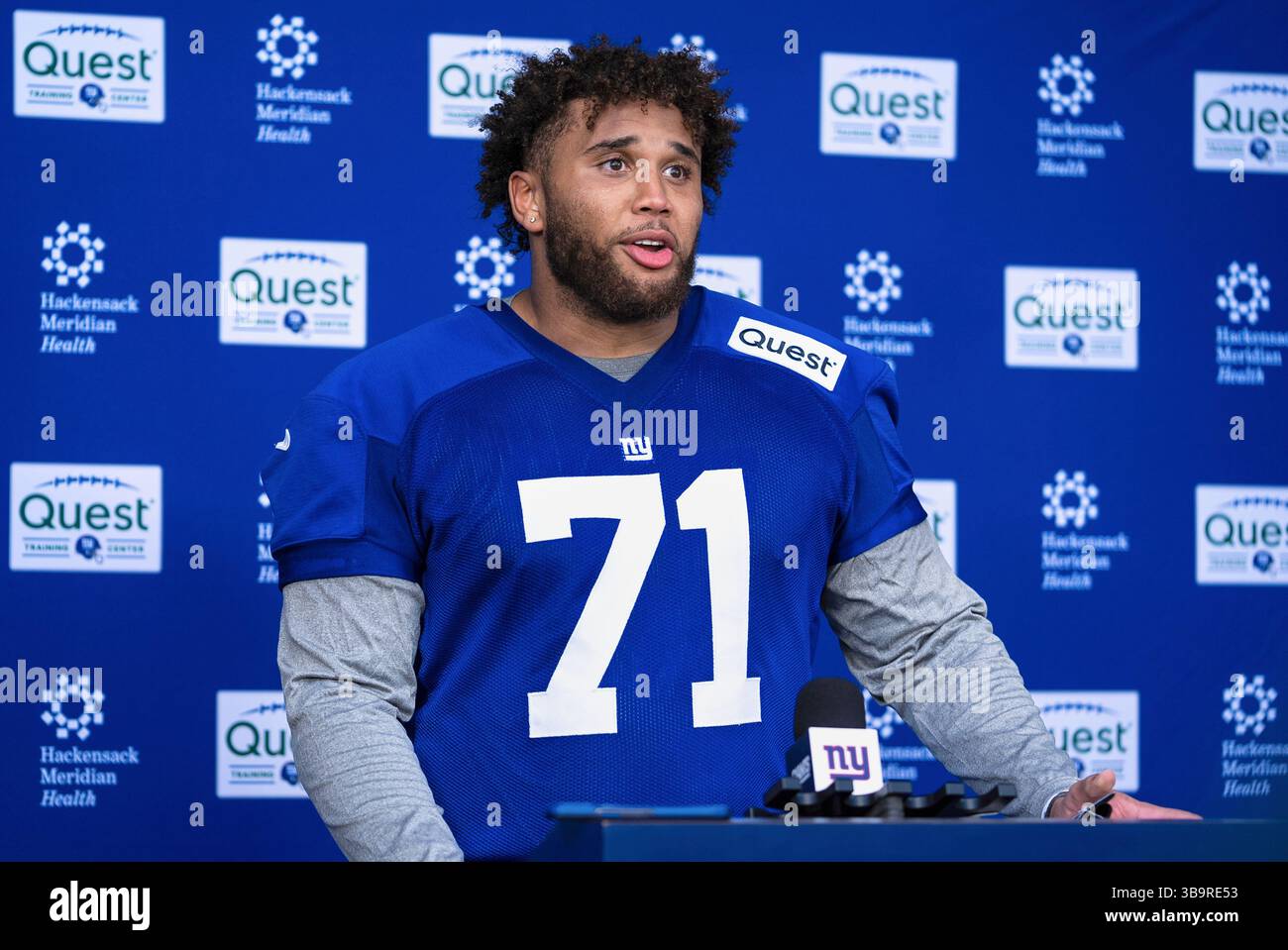 New York Giants offensive linebacker Marcus Mbow (71) speaks at a press ...
