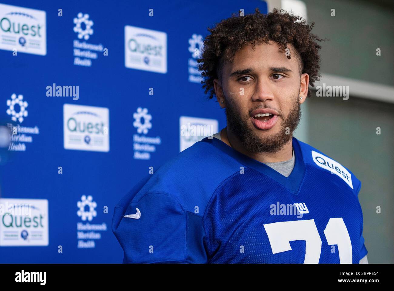 New York Giants offensive linebacker Marcus Mbow (71) speaks at a press ...