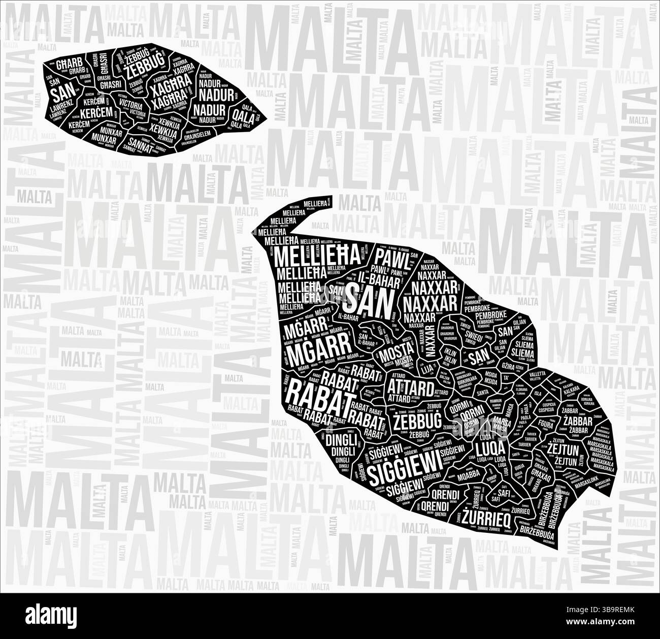 Malta regions map word cloud. Malta region names. Black and white map ...