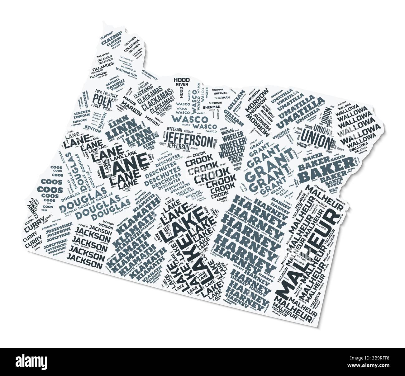 Oregon shape text cloud. State border with shadow on white background ...