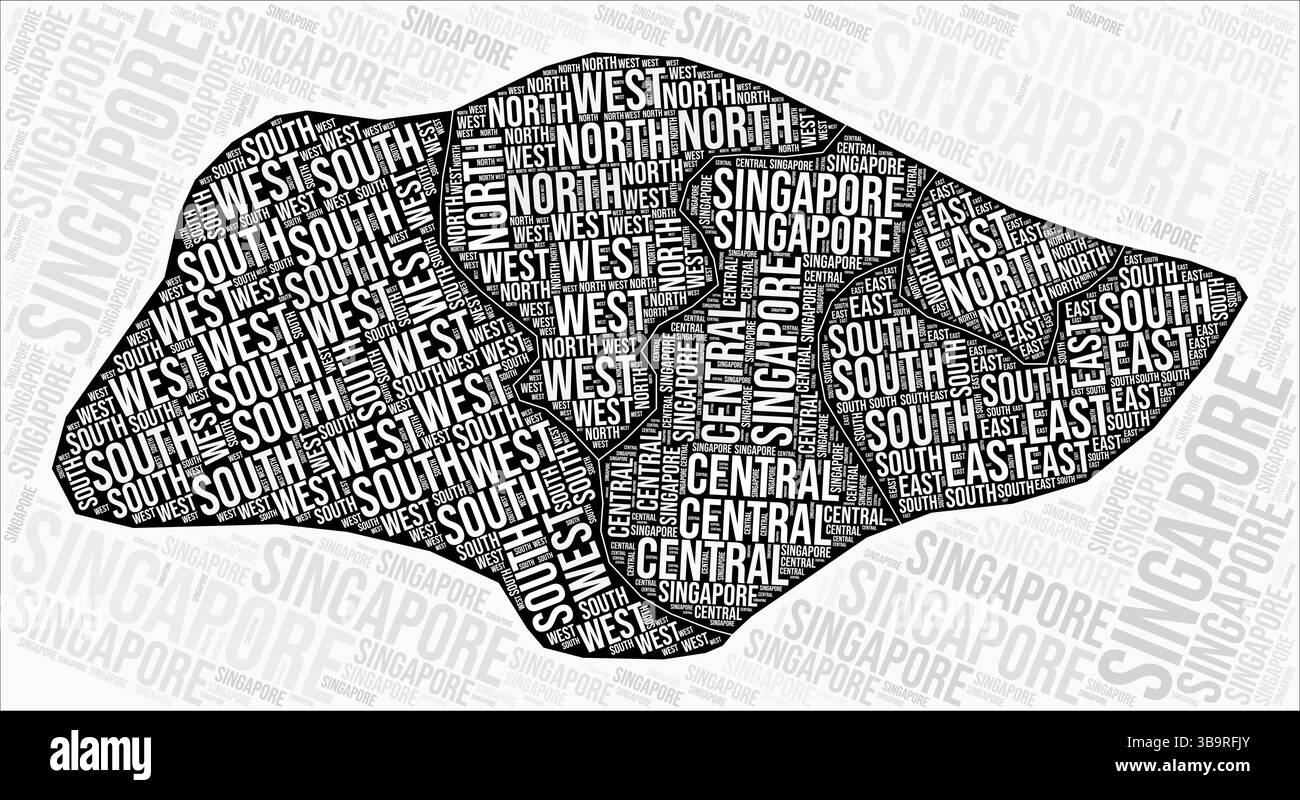Singapore regions map word cloud. Singapore region names. Black and ...