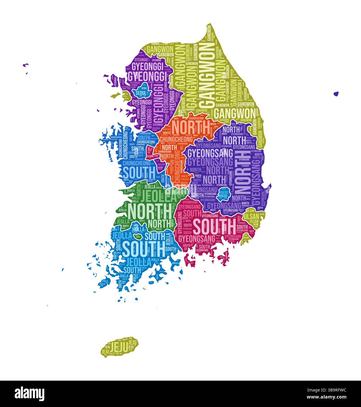 Republic of Korea shape. Country word cloud with region division ...