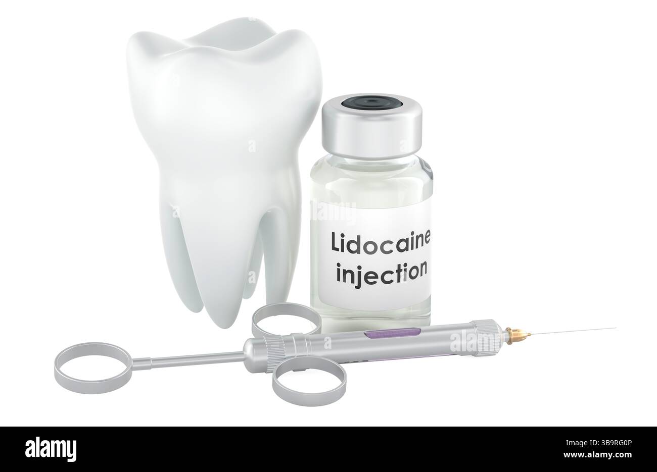 Tooth and carpool syringe with lidocaine vial injection, 3D rendering ...