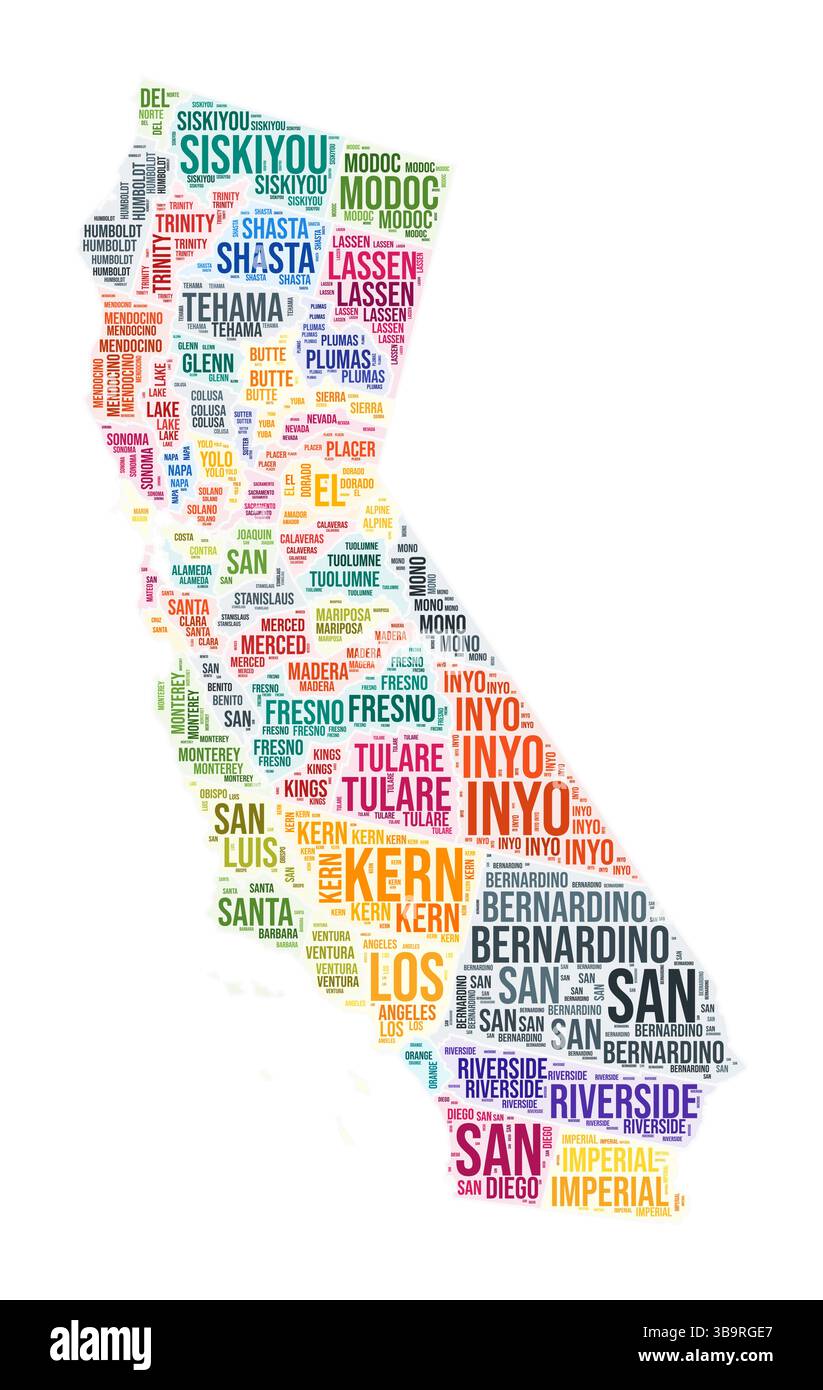 California county word cloud. State shape design. California colored ...