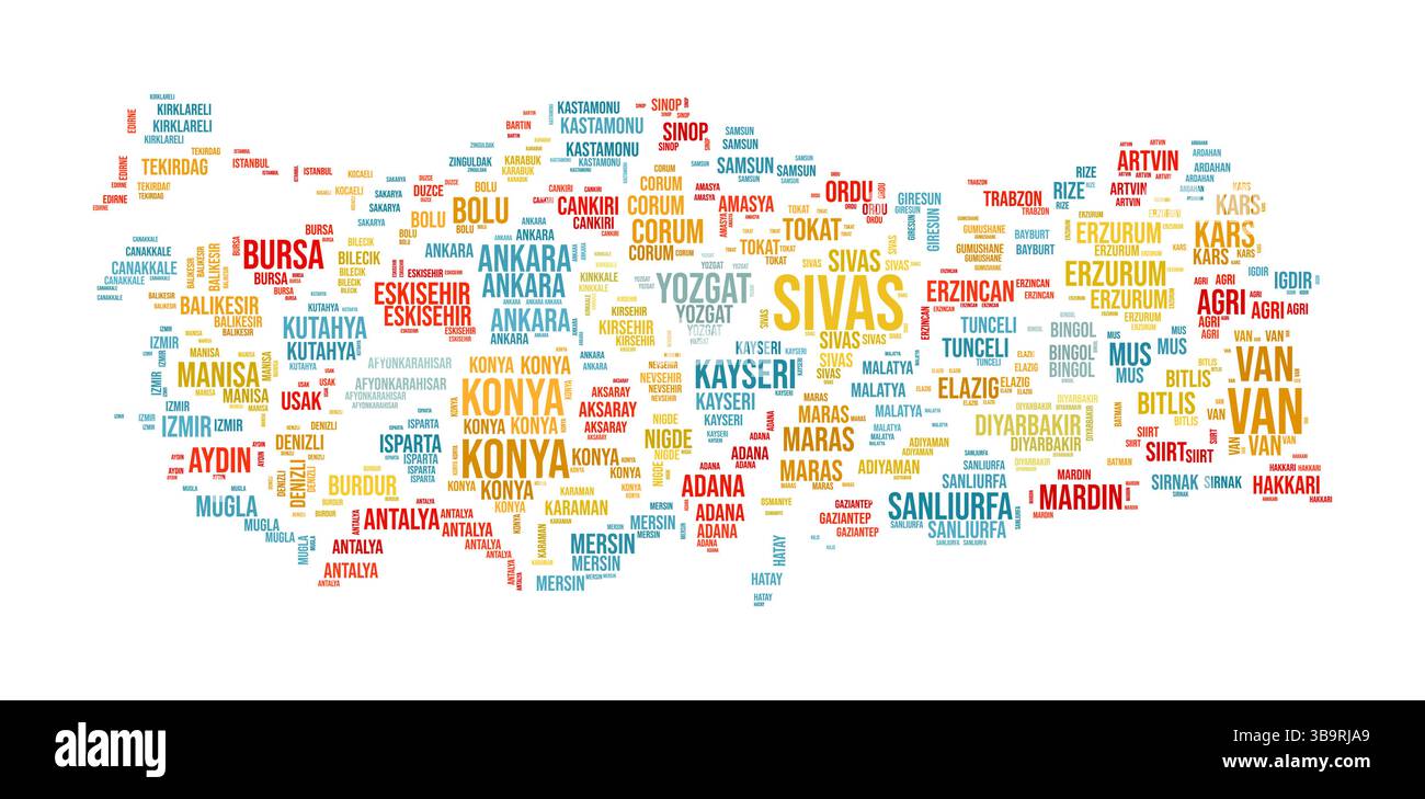 Turkey Word Cloud. Country shape with region division. Turkey ...